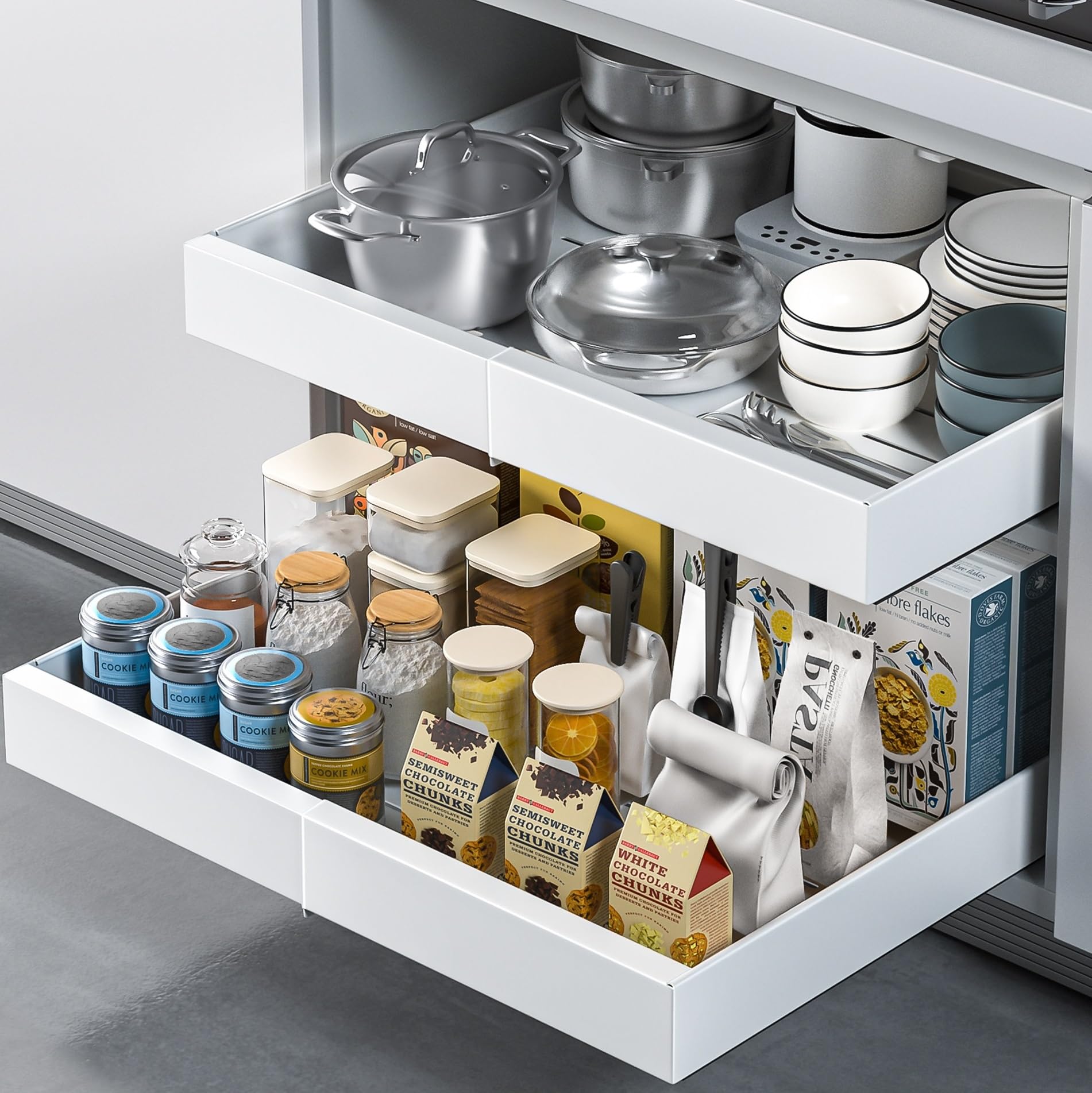 2Pack Expandable Pull Out Cabinet Organizer 21" Deep, Peel And Stick Slide Out Drawers for Kitchen Cabinet, Cabinet Pull Out Shelves, Roll Out Drawers Adjustable Width 12"-20.45" White