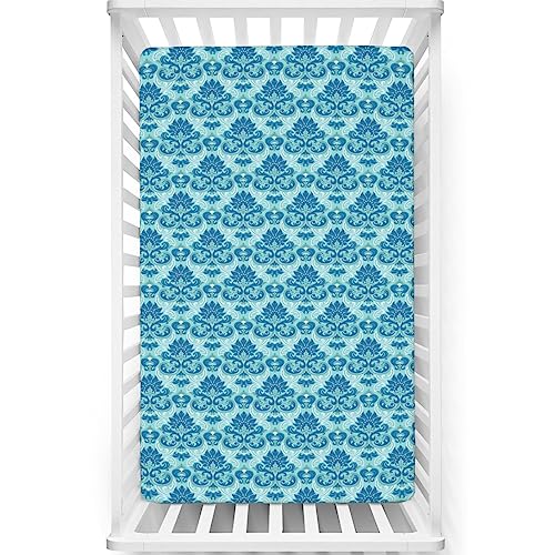 Damask Themed Fitted Crib Sheet,Standard Crib Mattress Fitted Sheet Soft Toddler Mattress Sheet Fitted - Baby Crib Sheets for Girl or Boy,28ā x52ā,Seafoam Blue