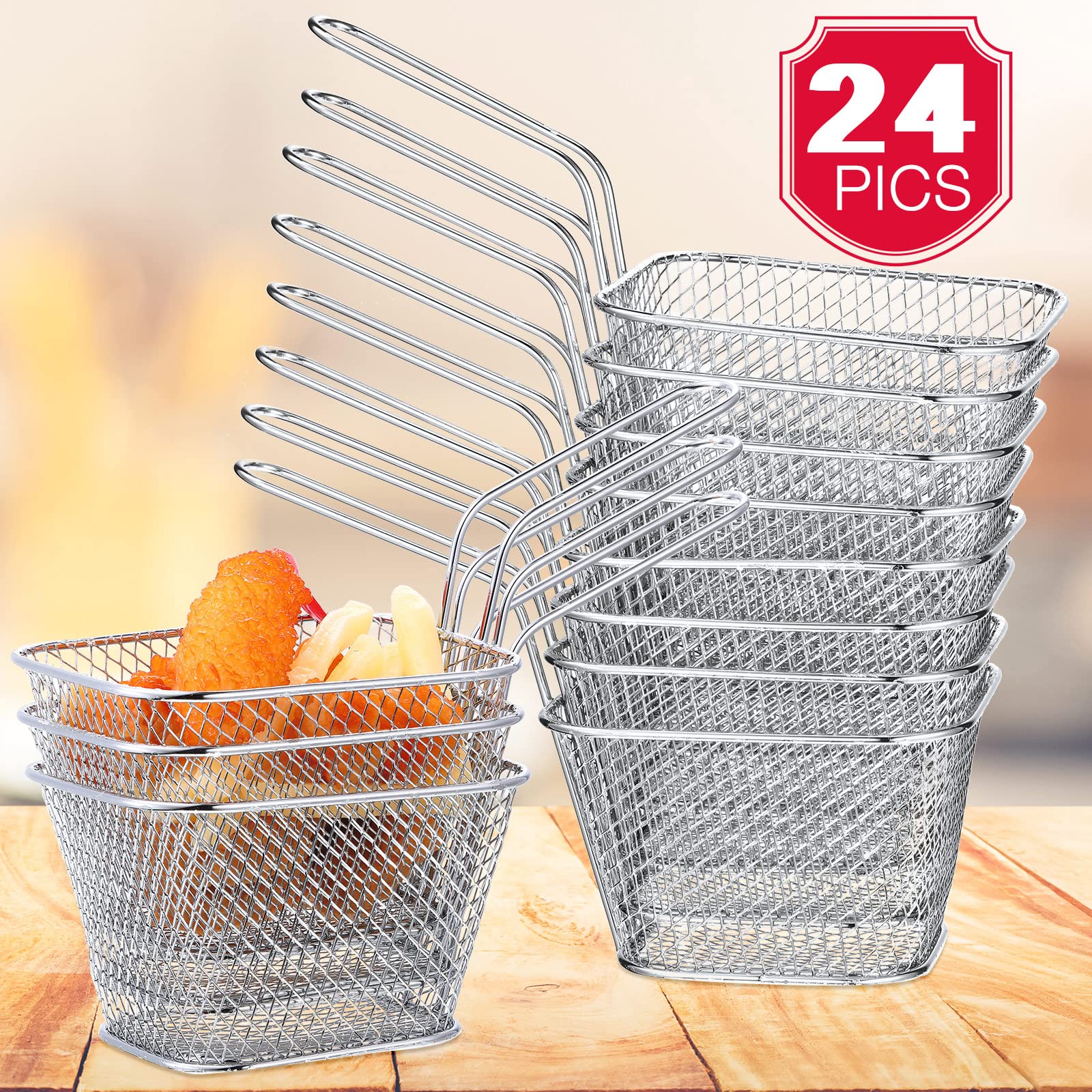 24 Pcs Mini Square Fry Basket Stainless Steel French Fries Holder Deep Fryer Baskets Only Square Mesh Food Basket with Handles Small Serving Basket for Kitchen Restaurant Cafe Barbecue (Silver)