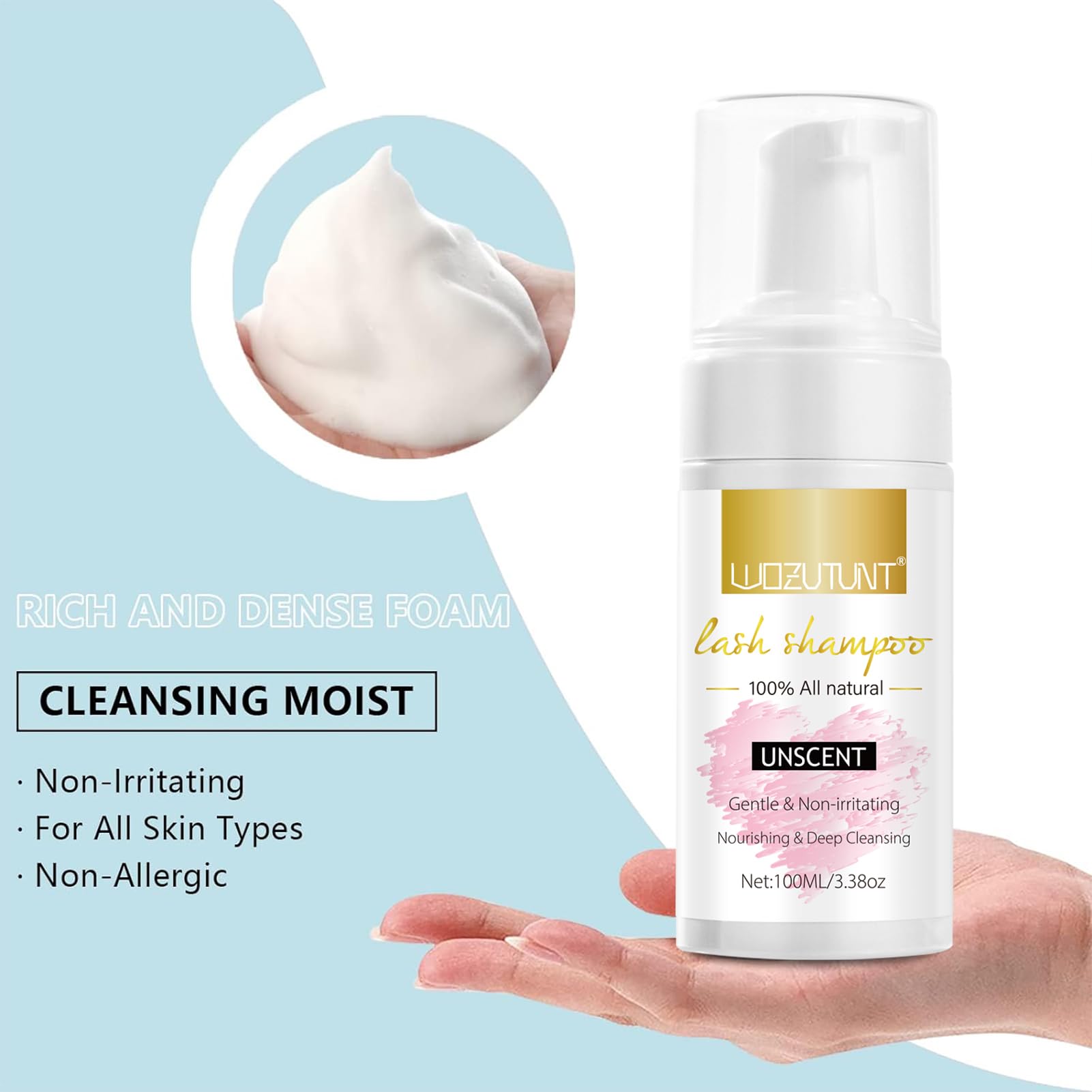3.38 OZ Eyelash Extension Cleanser Lash Mousse Lash Shampoo for Lash Extensions, USB Mini Fan Rechargeable Electric Handheld Air Conditioning Lash Shampoo Kit Lash Brushes Cleanser Brush Wash Bottle