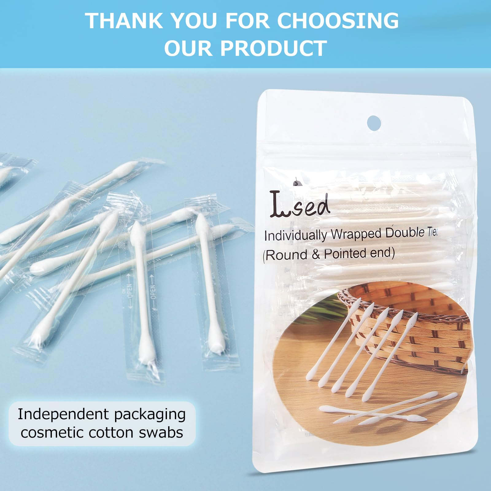 Lsed, Cleaning swabs for Commercial uses, 100 Count Natural Cotton Buds, Individually Wrapped Double Tipped Cotton Tips for Ear, Beauty Care, Cleaning (Round & Pointed Shape Cotton Heads)