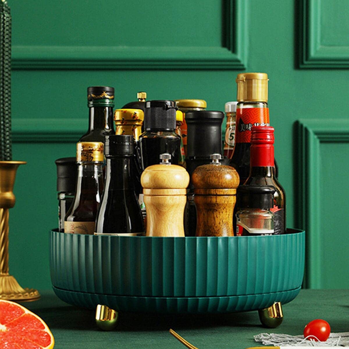 2023 New Rotating Storage Rack, 360° Spinning Spice Rack Makeup Organizers, Lazy Susan Spice Storage Turntable Organizer for Cabinet Kitchen Countertop (8.66 * 8.66 * 2.95in, Green)