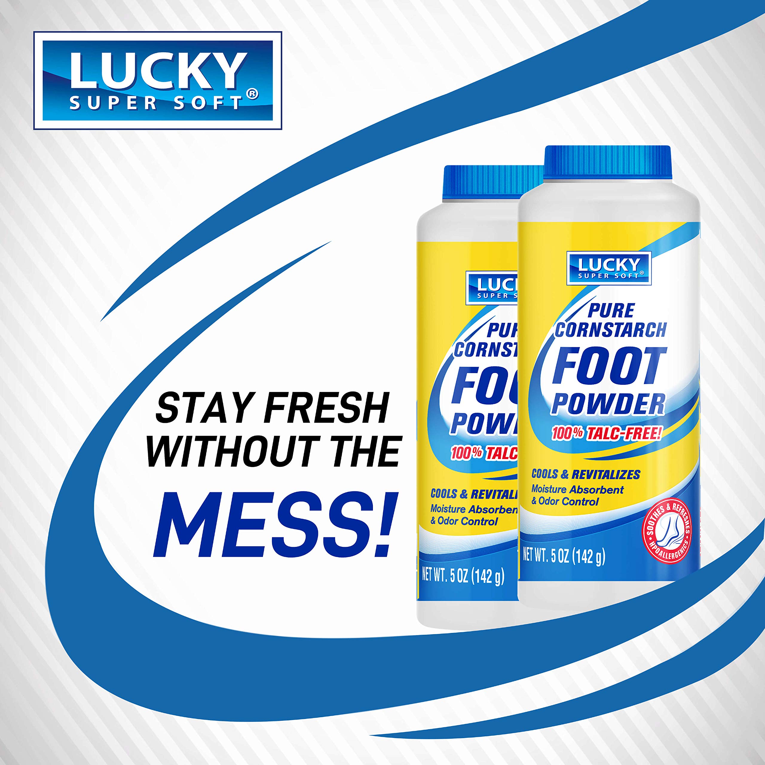 Lucky Super Soft Cornstarch Foot Powder, Talc-Free, Moisture Absorbing Odor Fighting Formula, Natural Protection Against Chafing - (12, 5-Ounce Bottles)