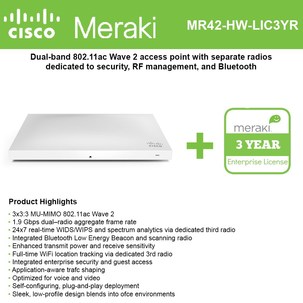 Cisco Meraki MR42 Cloud-Mng'd Wless AP + 3yr of Enterprise License and Support