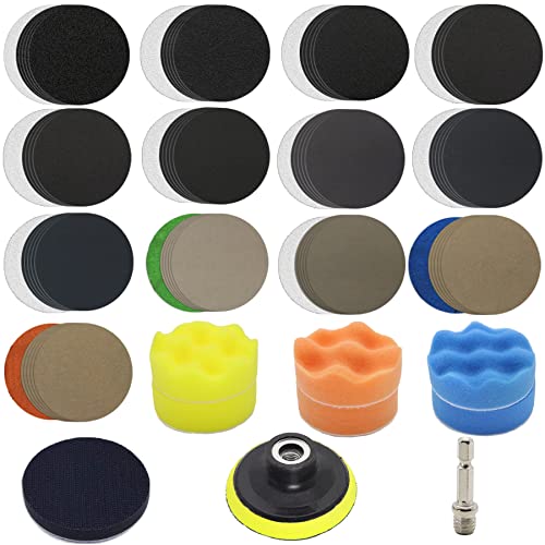 74pcs Sandpaper 3Inch Sanding Disc 60-10000 Grit Wet Dry Sandpaper with M10 Backing Pad,Interface Pad,Polishing Pads Sponge for Wood Metal Mirror Jewelry Car Polishing Headlight Cleaner Set
