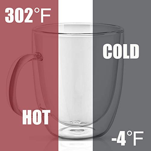 PunPun Large Glass Coffee Mug Set of 2, Clear Mugs Double Walled Coffee Mugs, Iced Coffee Cup, Glass Mugs for Hot Beverages,Premium Glasses Set, Each 500ml (17OZ./Set of 2)