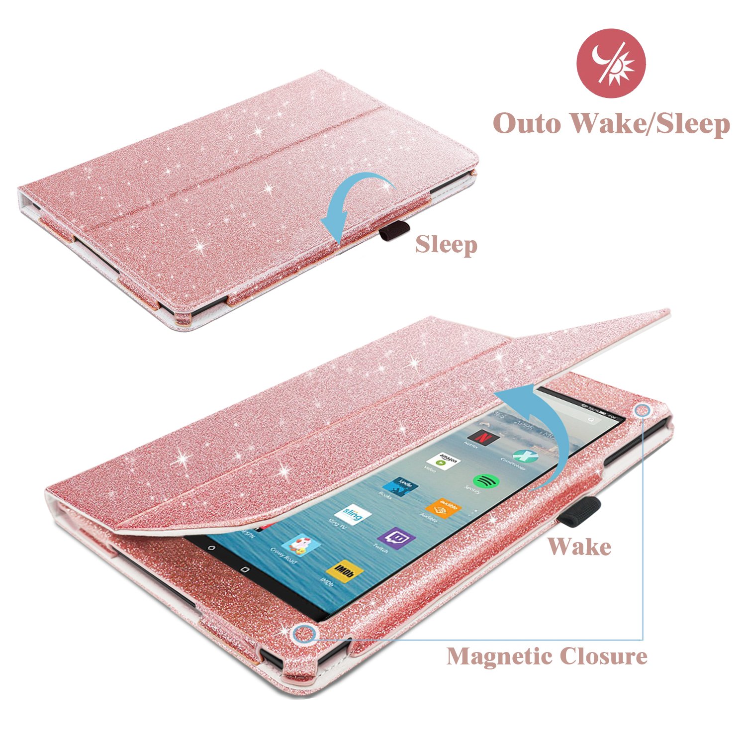 Fingic for Amazon Fire HD 10 Case 2017&2019,for Kindle Fire HD10 2017/2019 Cases,Luxury Sparkly Folio Folding Stand Cover with Holder & Auto Wake/Sleep Smart Case for Fire HD 10 inch Case,Rose Gold