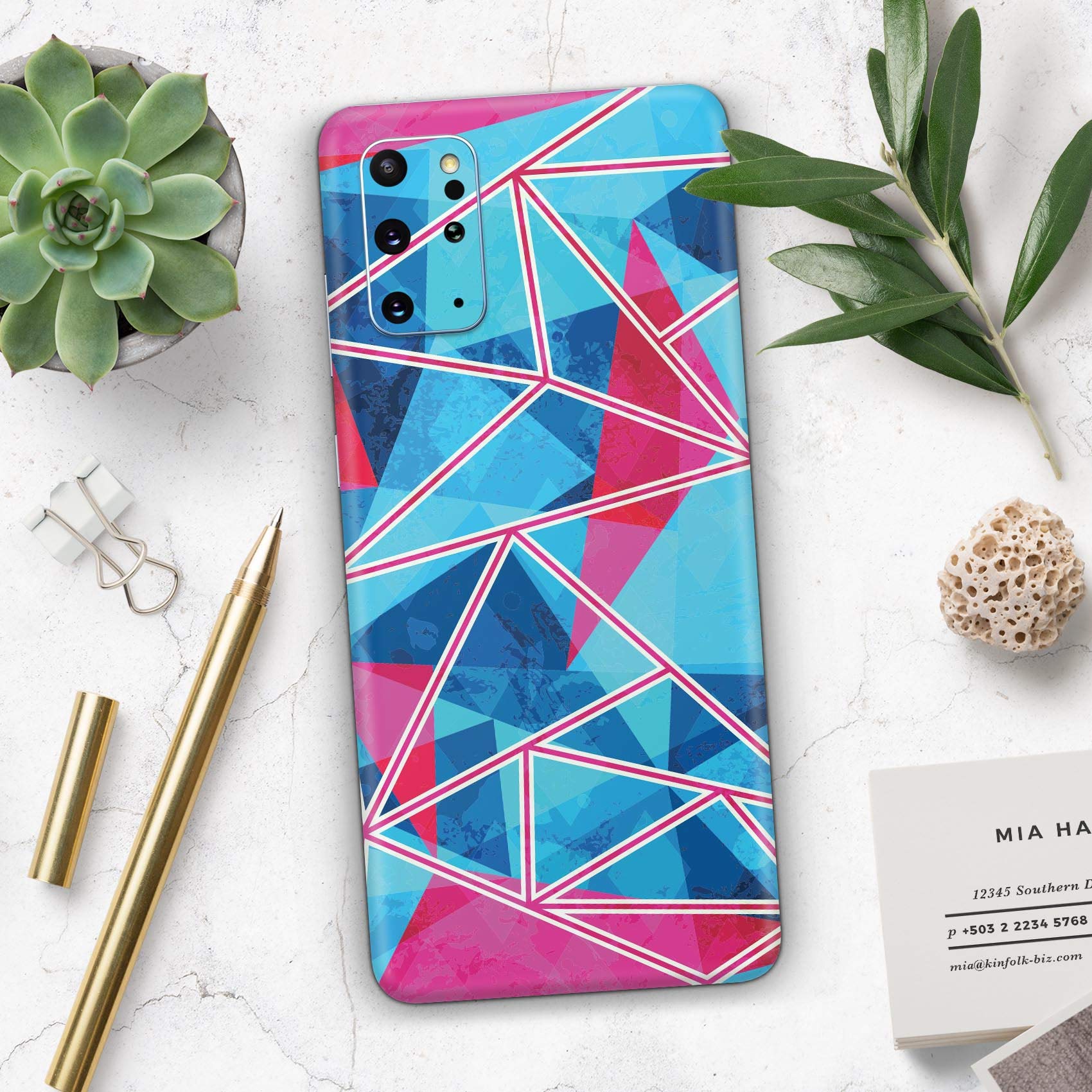 DesignSkinz Vivid Blue and Pink Sharp Shapes Protective Vinyl Decal Wrap Skin Cover Compatible with The Samsung Galaxy S20 (Screen Trim & Back Glass Skin)