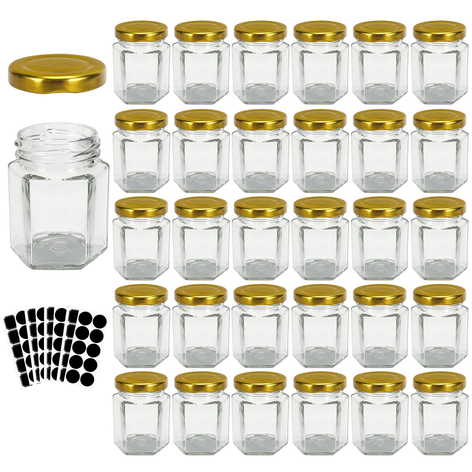 3 oz Hexagon Glass Jars with Gold Lids, 30 Pack Honey Jars Canning Jars Small Spice Jars for Jelly, Herb, Jams, Candy, Wedding Favors, Includes Labels and Pen