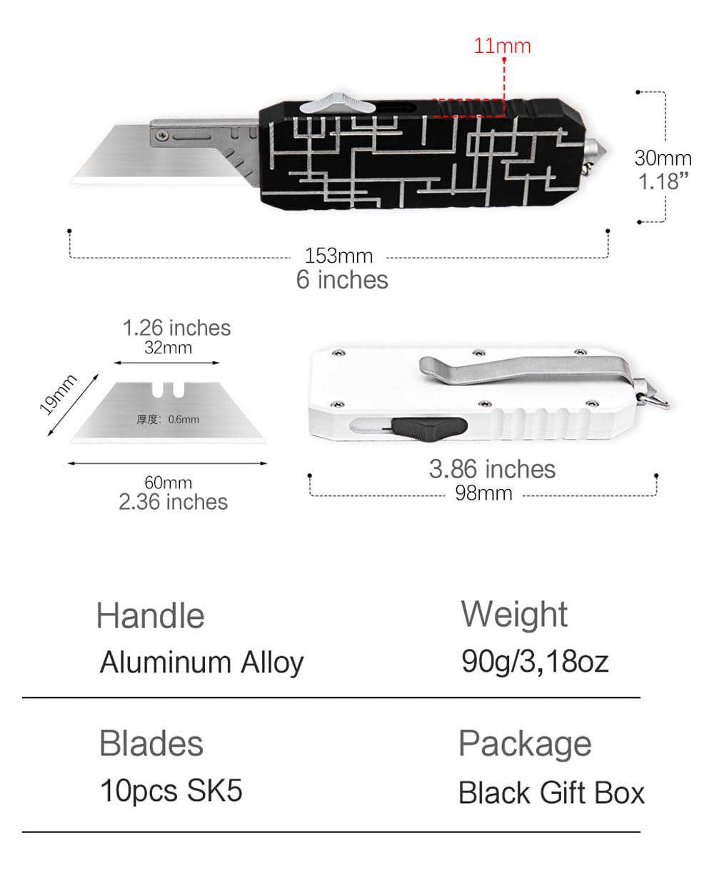 ainhue A37 Auto Retractable Box Cutters Utility Knife, Heavy Duty Cardboard Cutter EDC Pocket Knives, 10pcs Replaceable Blade with Pocket Clip, Glass Breaker (White)