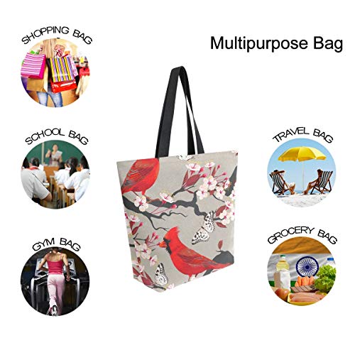 Cardinal And Blooming Cherry Canvas Tote Bag Reusable Grocery Bags Tote Carrying Bag with Handles