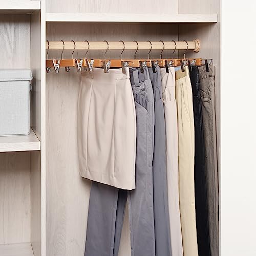 Amber Home 14.17" Solid Natural Wooden Pant Skirt Hangers 10 Pack, Bottom Hangers for Slacks Trousers Jeans with 2-Adjustable Anti-Rust Clips (Natural, 10 Pack)