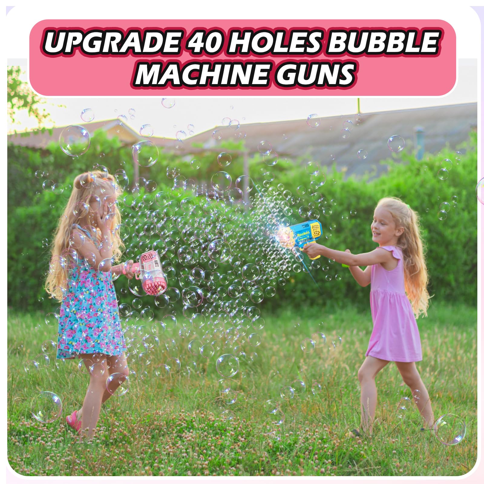 2-Pack Bubble Machine Gun for Kids - Automatic Bubble Gun with Bubble Solution &Lights, 40 Holes Bubble Gun with Light for Kids Summer Outdoor Toy Wedding Party Birthday Gifts
