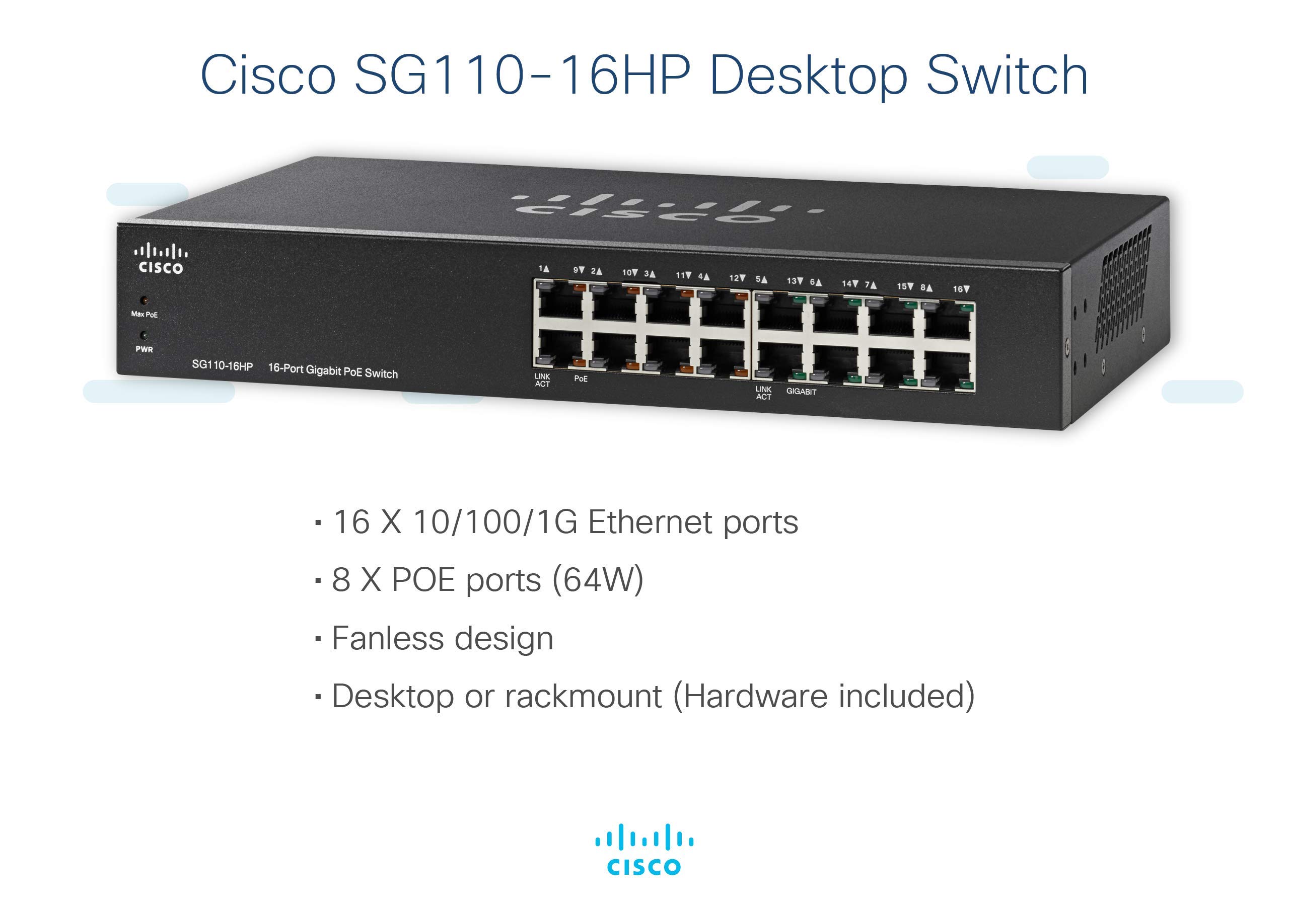 Cisco SG110-24 Desktop Switch with 24 Gigabit Ethernet (GbE) Ports plus 2 Combo mini-GBIC SFP , Limited Lifetime Protection (SG11016HPNA)