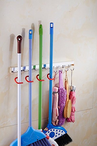 Cavoli Mop and Broom Organizer Wall Mounted, 4 Adjustable Holder and 3 Hooks,Storage Solutions for Broom Holders, Metal and Easy Clean