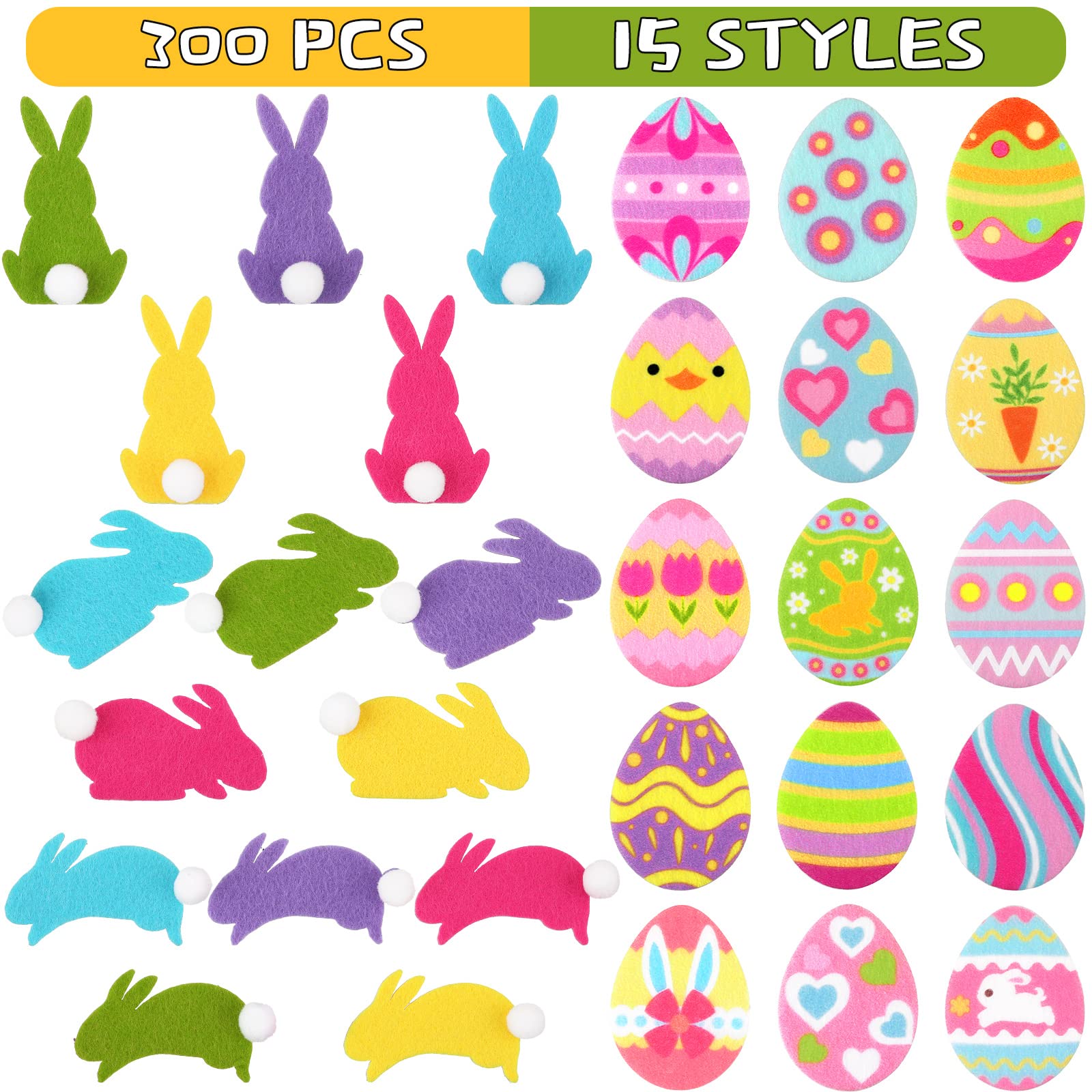 300 Pcs Easter Stickers Bunny Rabbit Egg Felt Self Adhesive Stickers for Kids Easter Arts Embellishments Crafts Scrapbook Gift Holiday Activities Boxes Envelope Party Supplies Decor
