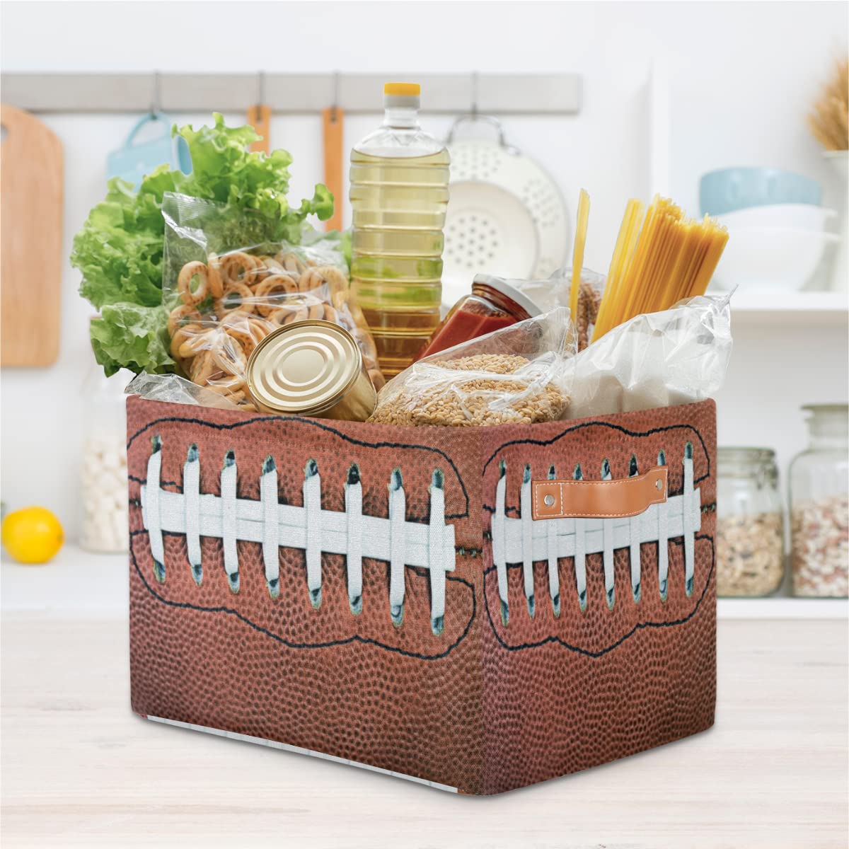 American Football Laces Storage Basket Cube Sport Ball Large Toys Storage Box Bin with Handle Collapsible Closet Shelf Cloth Organizer for Nursery Bedroom,15x11x9.5 in,1 Pack