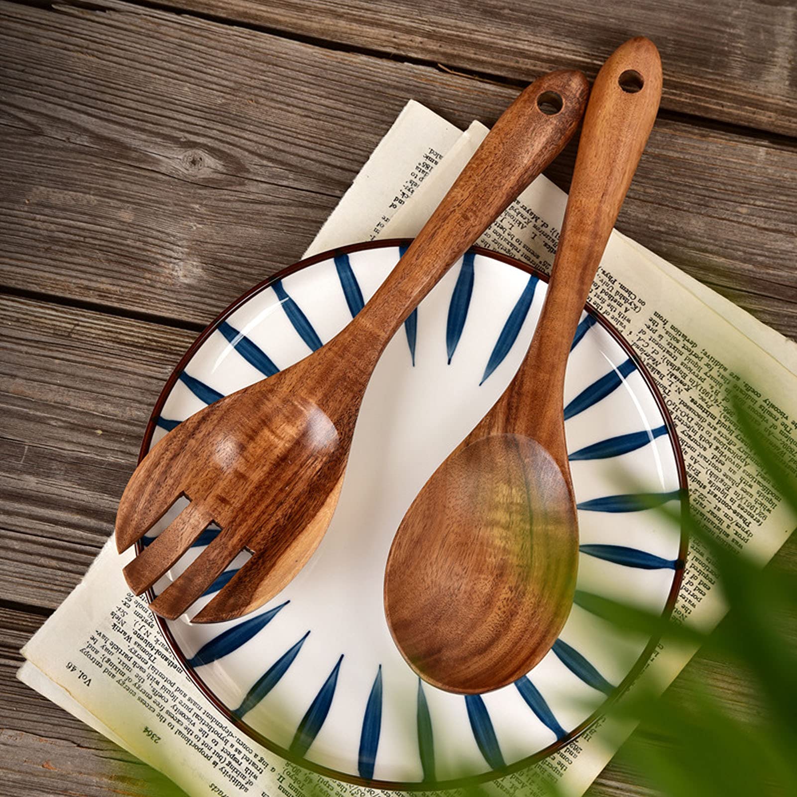 2Pcs / Set Wooden Mixing Spoon Fork with Hanging Holes, Ergonomic Design, Ideal for School Office Festival Use