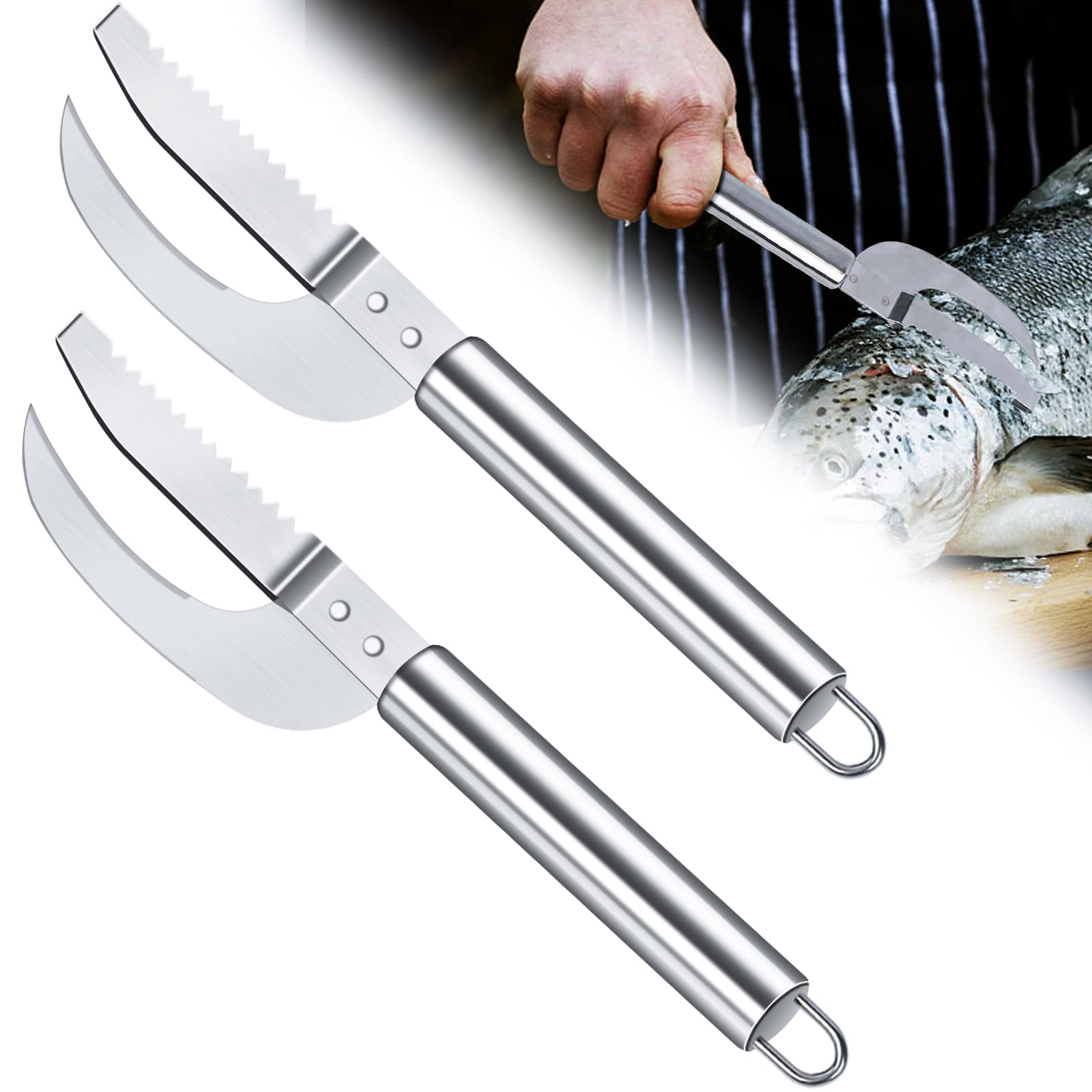 2 PCS 3 in 1 Stainless Steel Fish Maw Knife, Fish Scale Knife Cut Scrape Dig 3 in 1 Toolcaler Remover with Stainless Steel Sawtooth, Open Belly and Dig Out Fish Cleaner Tool Kitchen Accessory