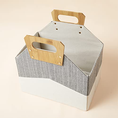 LA JOLIE MUSE Modern Magazine Rack Basket, Urban Style Book Holder Floor, Chic Tweed Fabric Storage Organizer with Bamboo Handles, Light Gray & White Color