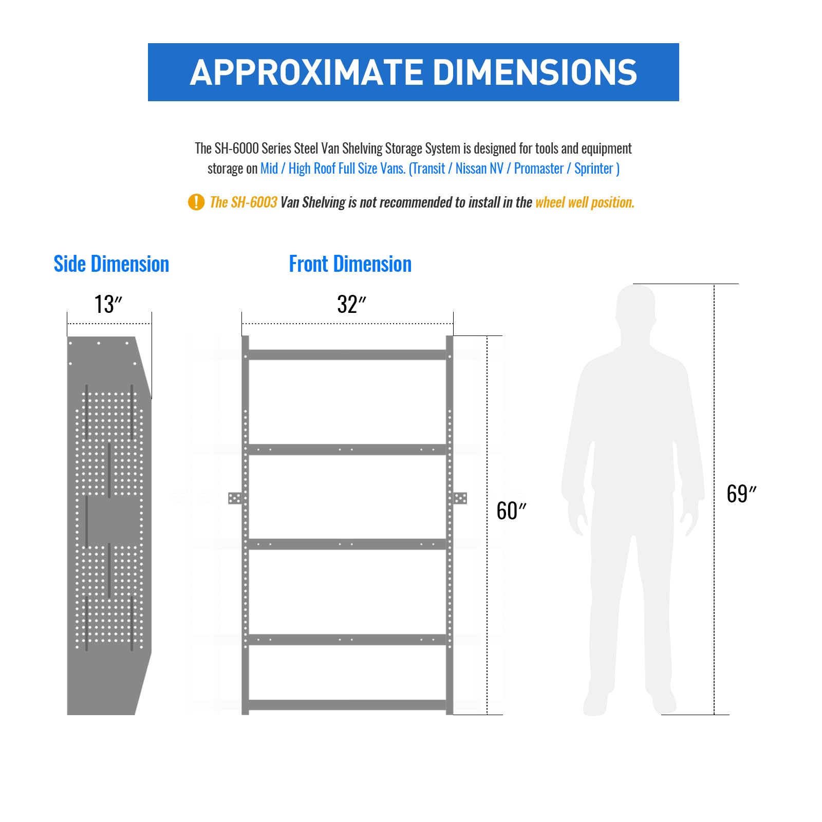 AA Products SH-6003 Steel Mid/High Roof Van Shelving Storage System Fits Transit, NV, Promaster and Sprinter, Van Shelving Units, 32''W x 60''H x 13''D
