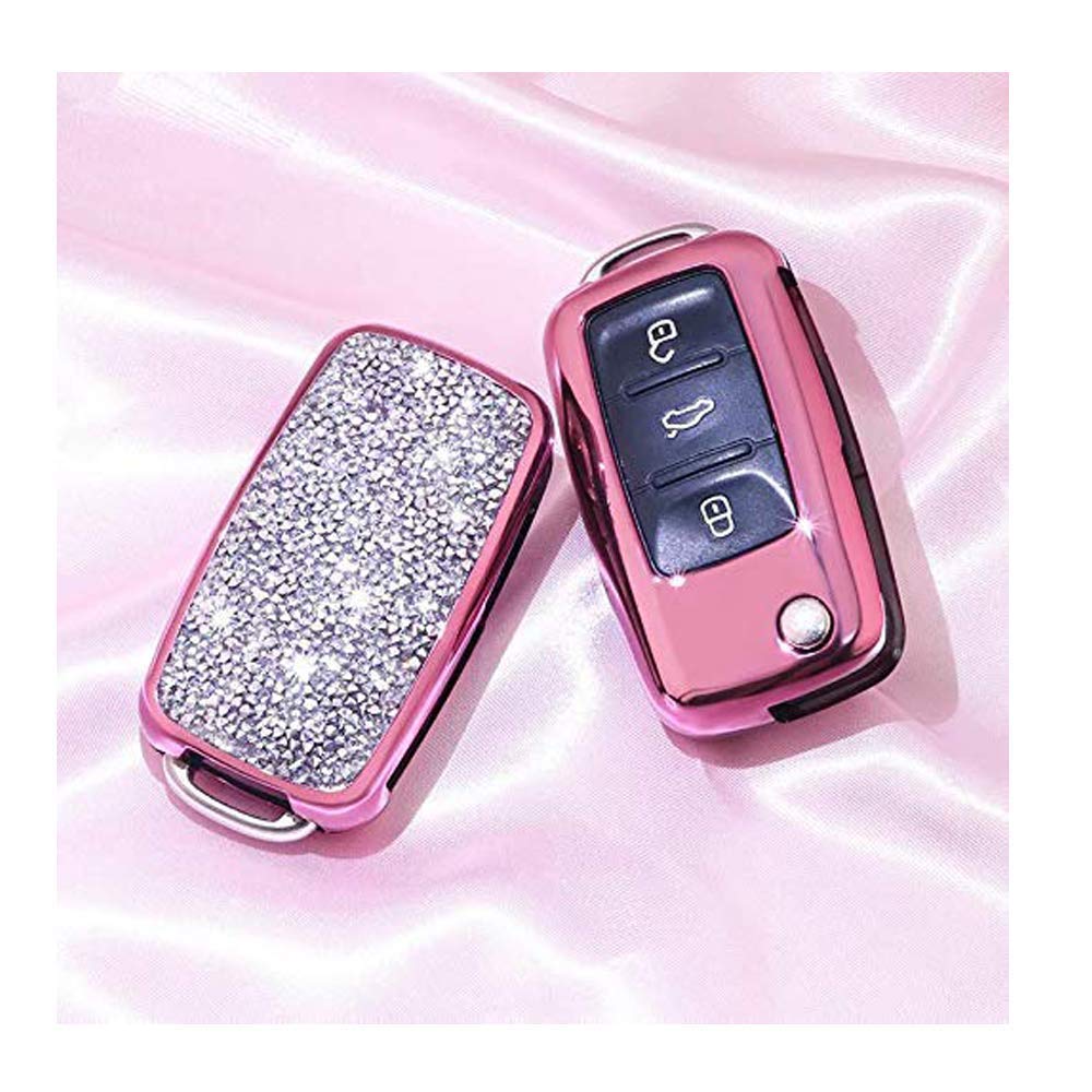 3 Buttons 3D Bling flip Folding Remote Key Fob case Cover for Volkswagen vw Accessories Pink