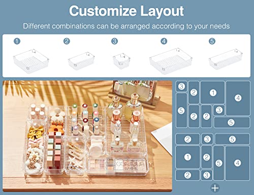 Puroma 10Pcs Drawer Organizer Set 5-size Versatile Vanity and Bathroom Drawer Organizers, Clear Plastic Desk Drawer Organizer Trays and Customize Layout Storage Bins for Makeup Kitchen Office (Clear)