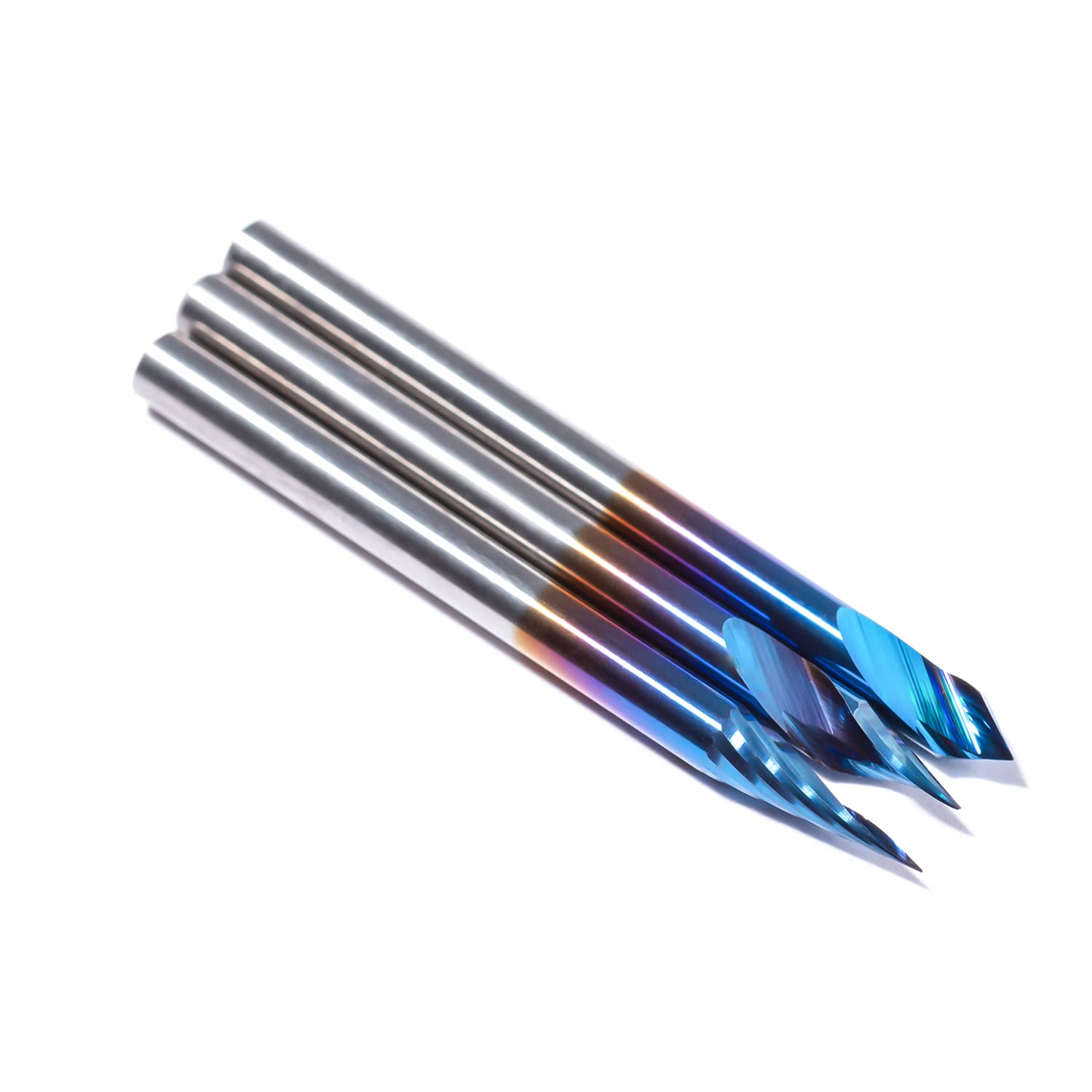 3pcs 20/30/60 Deg 0.1mm 2-Flute Spiral Engraving V-Bit Set for Wood Carving Milling, 1/8” Shank CNC Router Bits, Nano Blue Coating Carving Bit for Wood MDF Lettering Sign Making