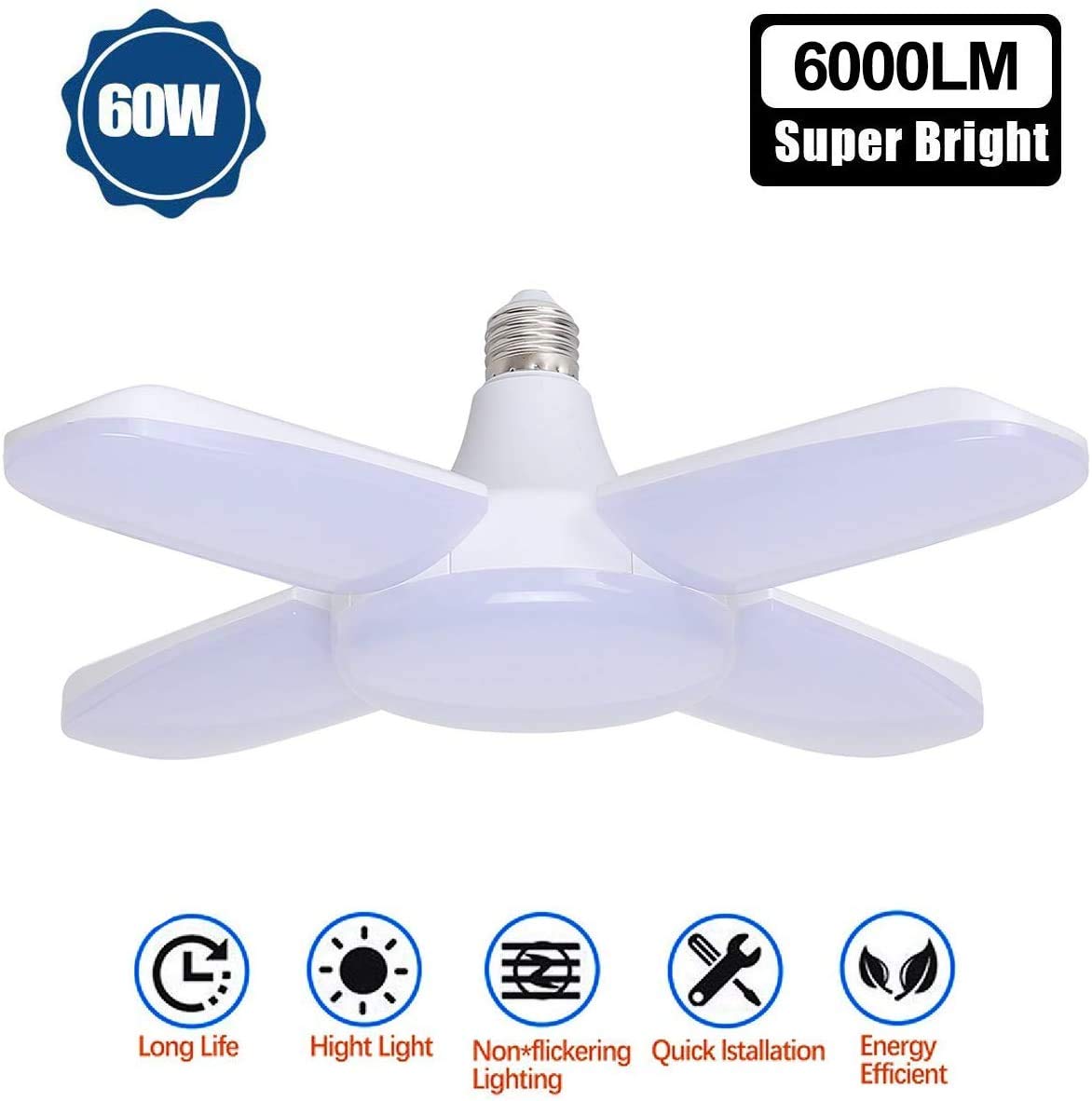 2-Pack LED Garage Lights 60W Deformable Garage Ceiling Lighting E26 6000LM Daylight LED Light Bulbs Adjustable Led Shop Lights Super Bright Working Light for Garage Workshop Barn Warehouse Basement