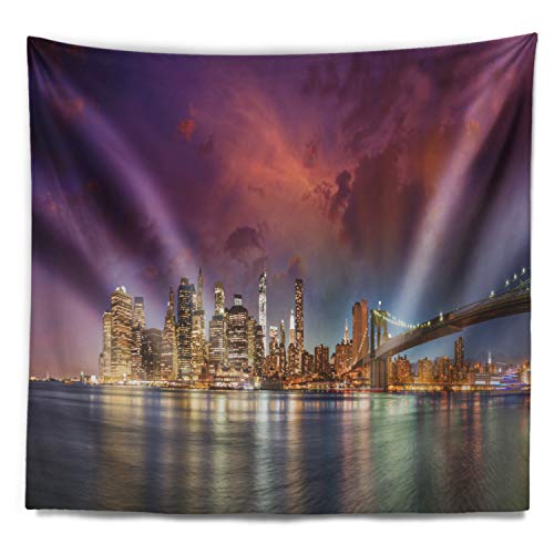 Designart ' New York City Manhattan Skyline Red' Cityscape Photo Tapestry Blanket Décor Wall Art for Home and Office, Created On Lightweight Polyester Fabric x Large: 92" x 78"