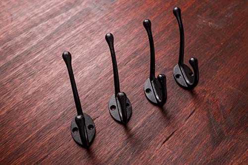 Craftsman Road Vintage Cast Iron Wall Hooks (Black Texture Finish, Set of 4) - Rustic, Farmhouse Coat Hooks | Great for Coats, Bags, Towels, Hats | Classic Slender