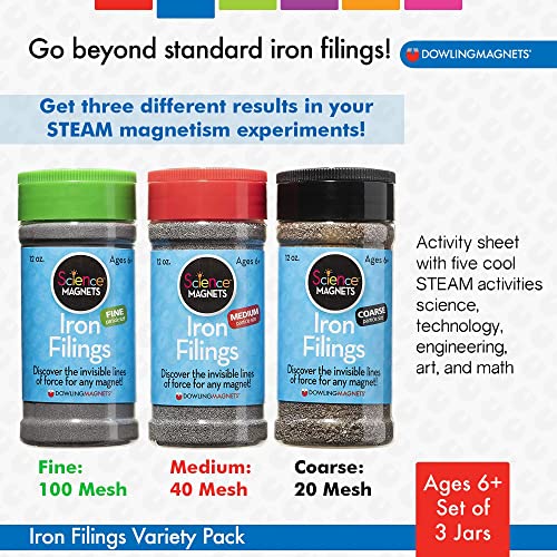 Dowling Magnets Iron Filings Variety Pack, 3 Jars (fine, Medium, coarse), 12 Ounces Each (731050)