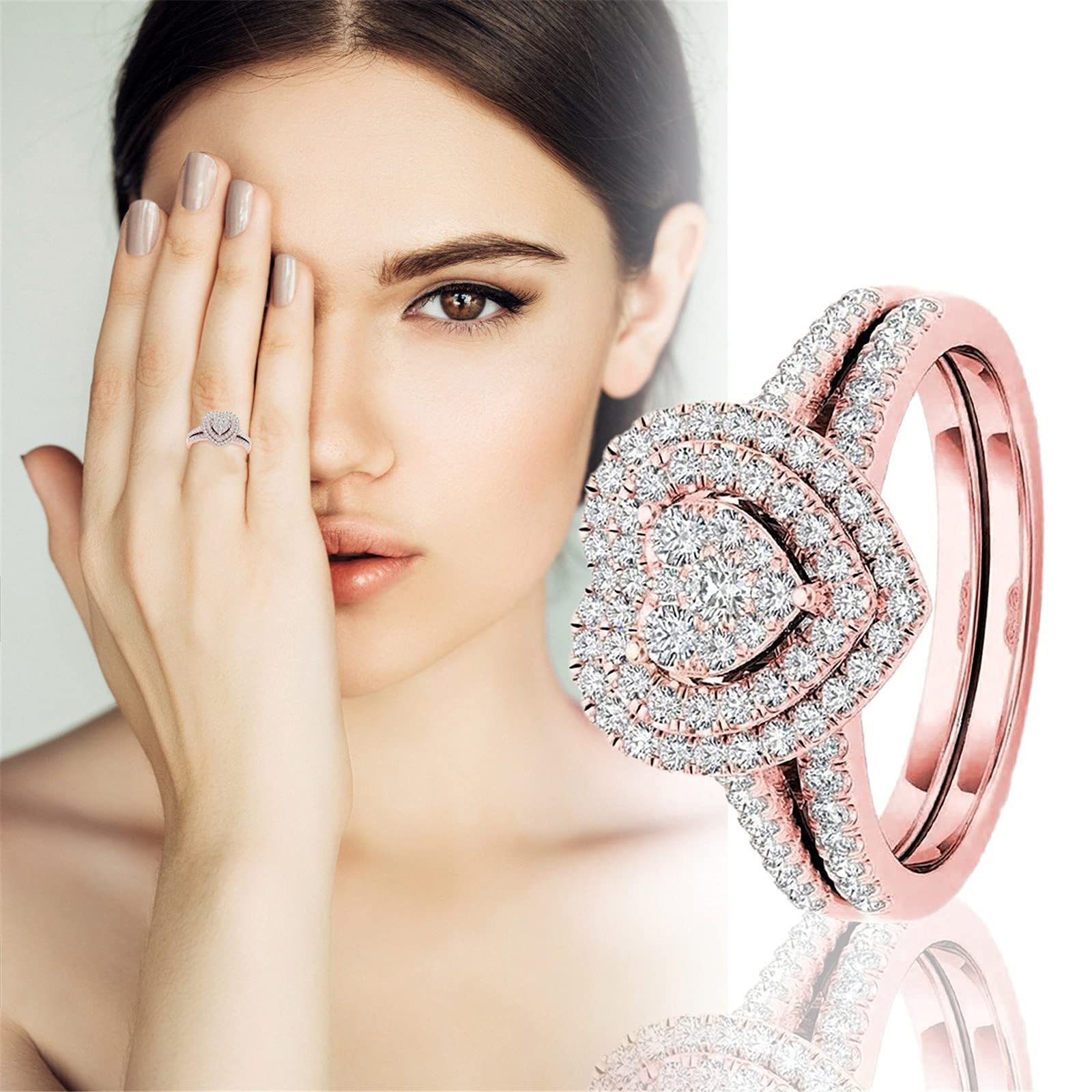 2 in 1 Full Diamond Inlaid Ring 2pc Fashion Heart Shaped Ring Engagement Wedding Jewelry Gift