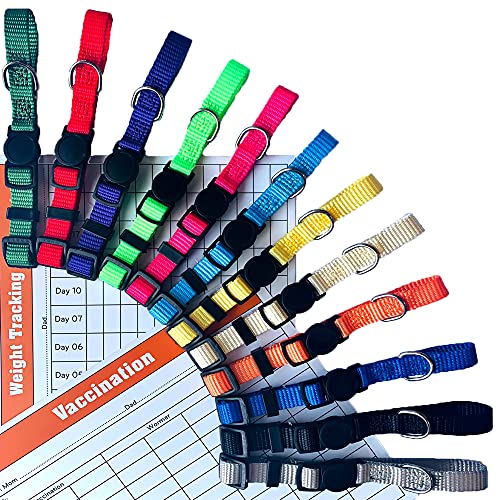 GAMUDA Puppy Collars – Super Soft Nylon Whelping Puppy ID - Adjustable Breakaway Litter Collars Pups – Assorted Colors Plain & Identification Collars with 2 Record Keeping Charts – Set of 12 (S)