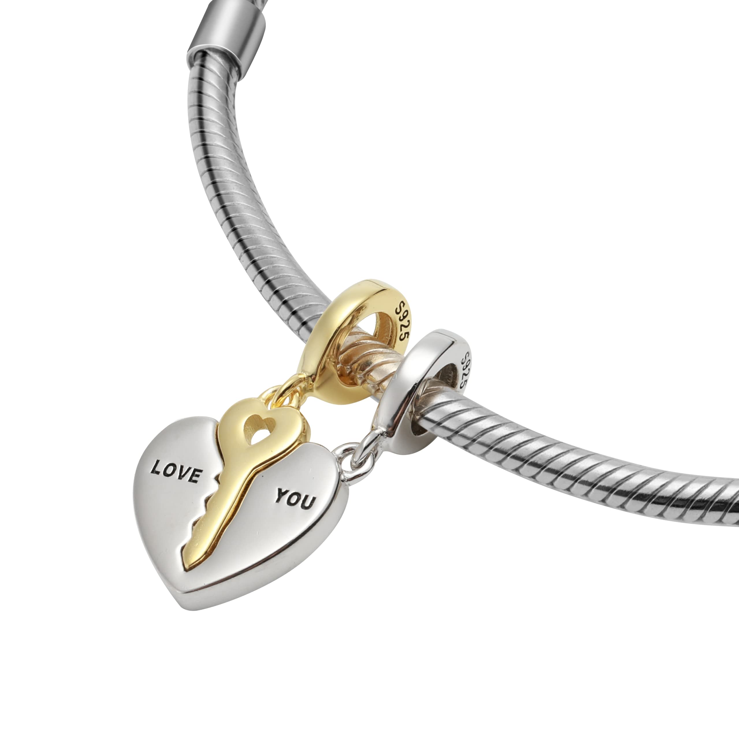 2pc Love You Heart Key Matching Couples BFF 925 Sterling Silver Charm Bead For Pandora & Similar Charm Bracelets or Necklaces
