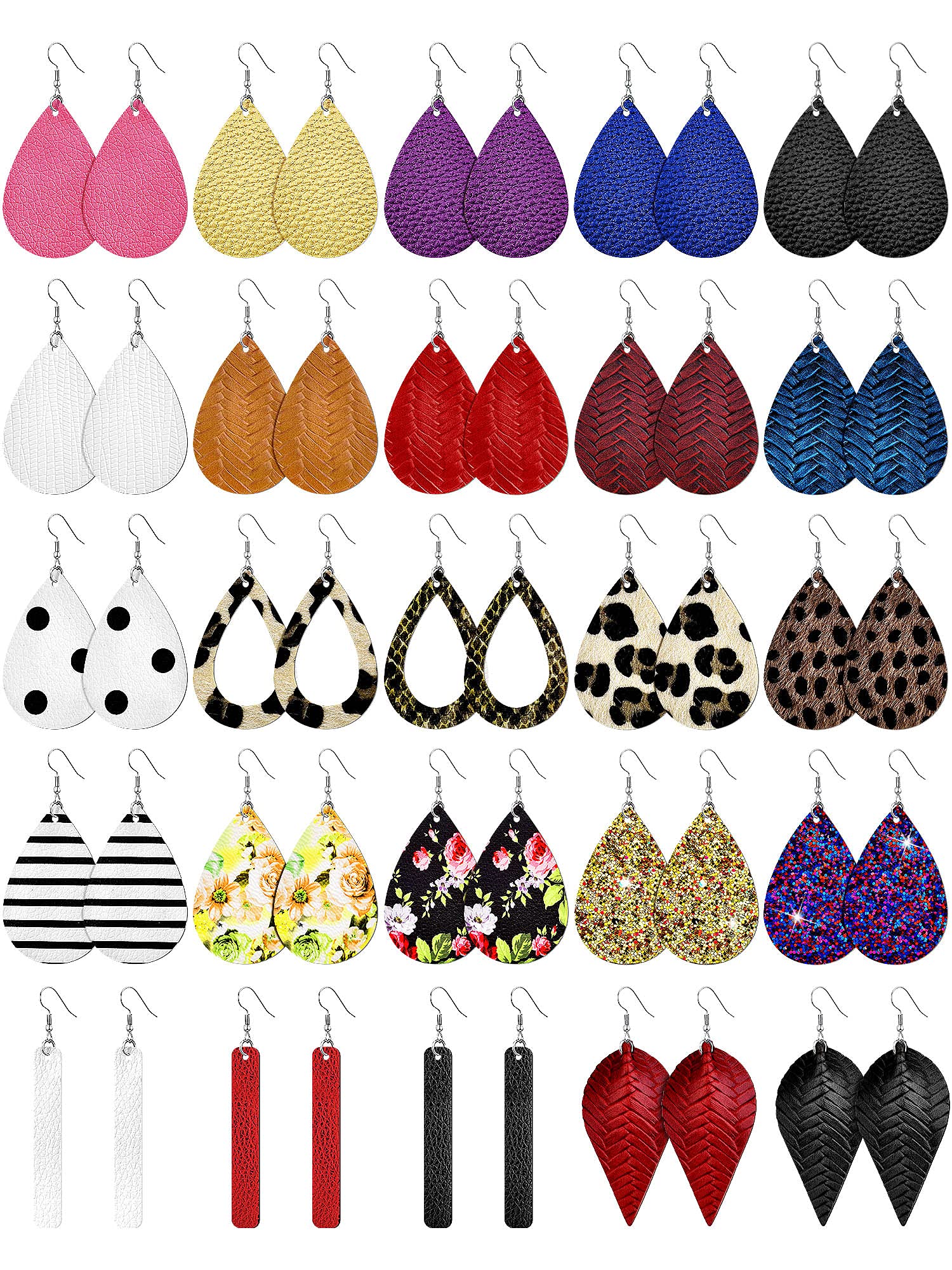 25 Pairs Faux Leather Leaf Earrings Leopard Teardrop Dangle Glitter Lightweight Earrings for Women (Leopard Style)