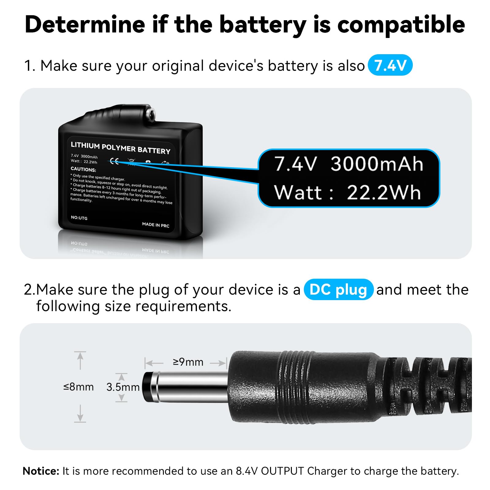 3000mAh 7.4V Battery Pack Rechargeable Lithium Polymer Batteries for Heated Gloves Mittens Liners Socks（2-Pack）