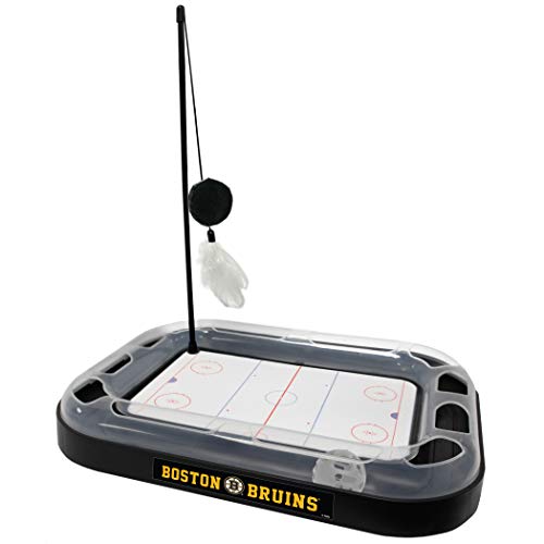 Pets First Cat Scratching Toy NHL Boston Bruins Hockey Field Cat Scratcher Toy with Interactive Cat Ball Bell in Tracks. 5-in-1 CAT Toy: Cat Wand Poll with Catnip Filled Plush Hockey Puck & Feathers.