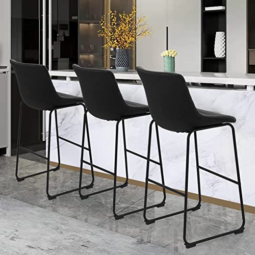 Chairelax Hight Bar Stools Set of 2, 28" Counter Tall Synthetic Leather Modern Design Bar Chair with Backrest and Footrest for Kitchen Bar Counter Restaurant (Black)