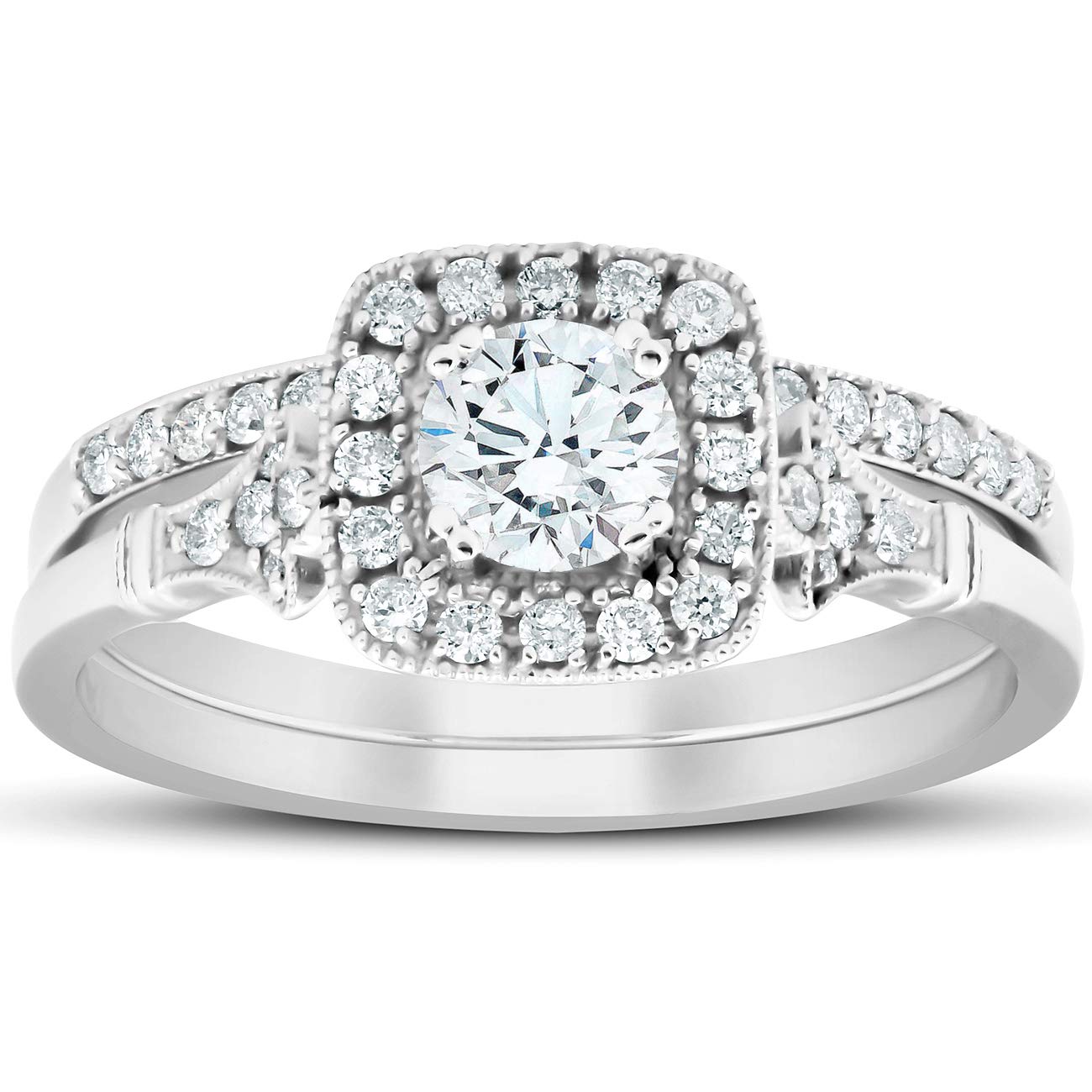 3/4 CT Diamond Cushion Halo Engagement Ring Matching Wedding Band 14k White Gold - Size 6