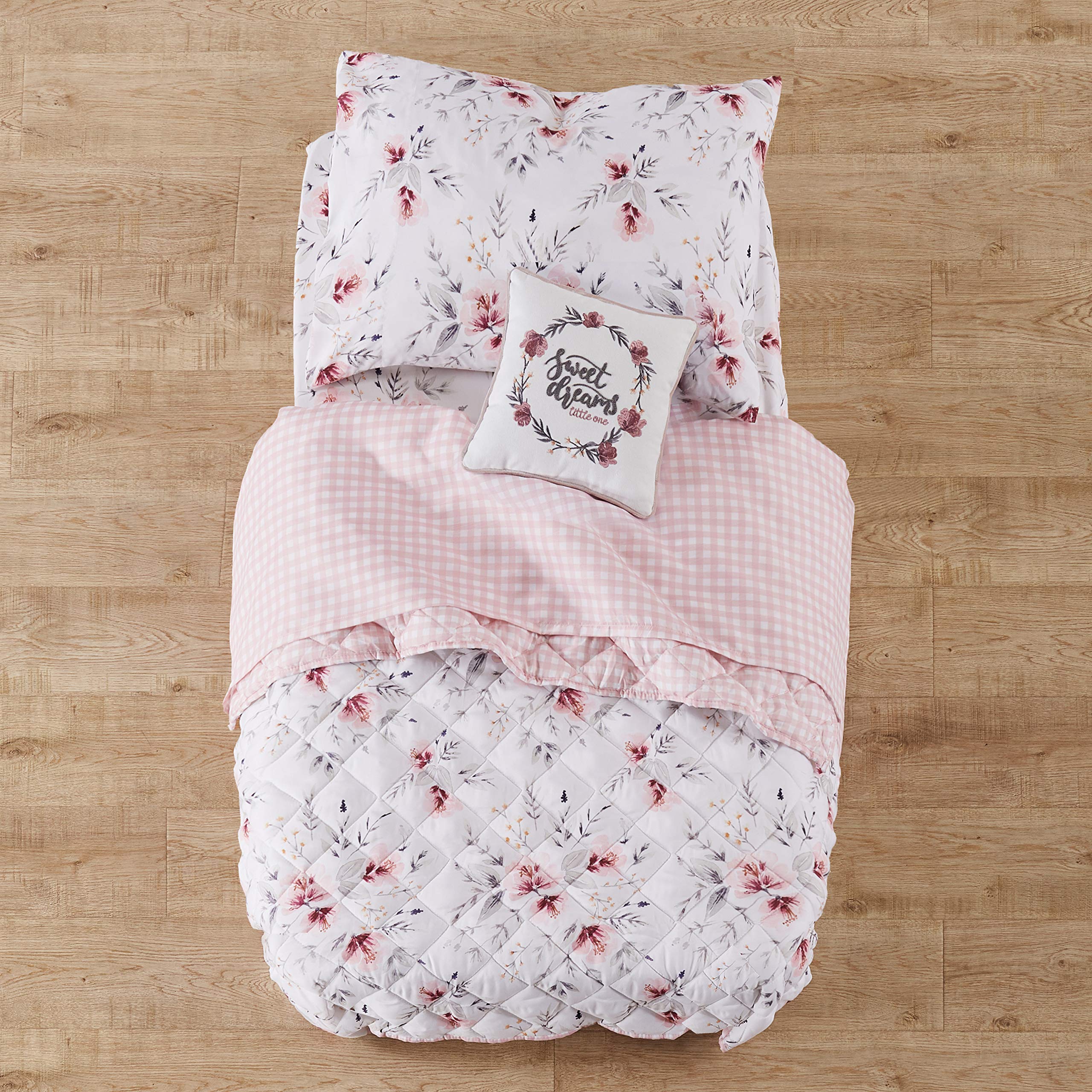 Levtex Baby - Adeline Toddler Bed Set - Blush, Pink, Grey and White - Classic Floral - 5 Piece Set Includes Reversible Quilt, Fitted Sheet, Flat Sheet, Pillow Case, Decorative Pilow