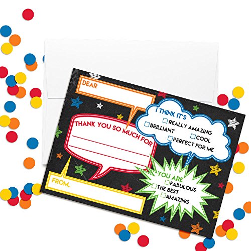 Chalkboard Speech Bubble Birthday Thank You Notes for Kids, Ten 4" x 5.5" Fill In The Blank Cards with 10 White Envelopes by AmandaCreationâŚ