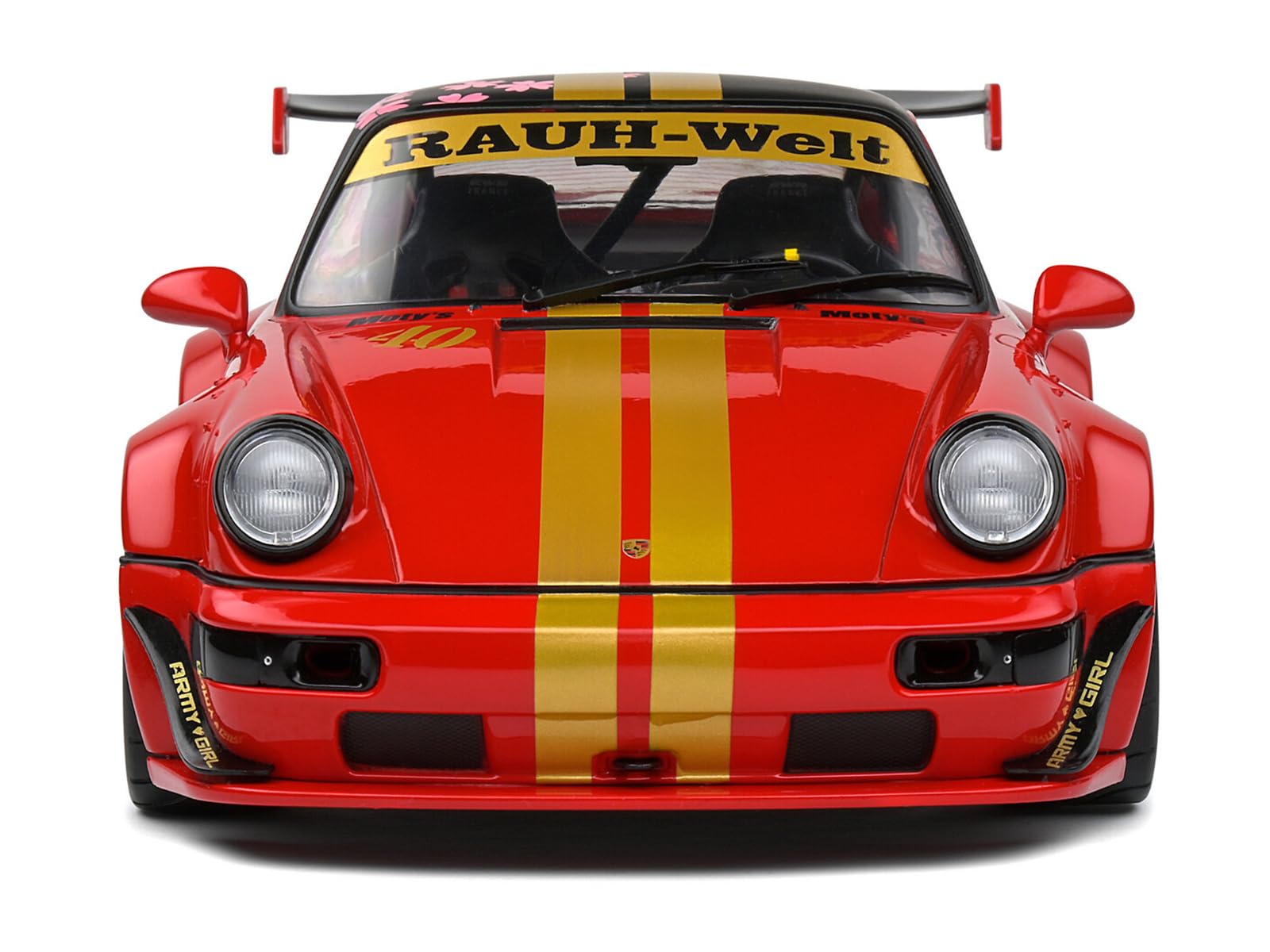 2021 RWB Bodykit #40 Red with Gold Stripes, Black Top and Cherry Blossom Graphics Red Sakura 1/18 Diecast Model Car by Solido S1807506