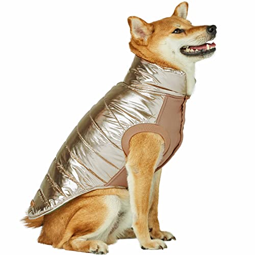 Blueberry Pet 2023 New Cozy & Comfy Windproof Lightweight Quilted Fall Winter Glossy Dog Puffer Jacket in Gold, Back Length 24", Size 22, Warm Coat for Large Dogs
