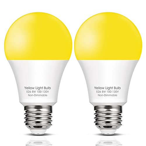 2 Pack 60W LED Yellow Bug Light Bulbs, A19 Amber Yellow LED Light Bulb, 700LM 8W LED Bulb 2000K Warm Lights, No Blue Sleep Aid Bulb, E26 Base, Outdoor Porch Bugs LED Lights Not Dimmable