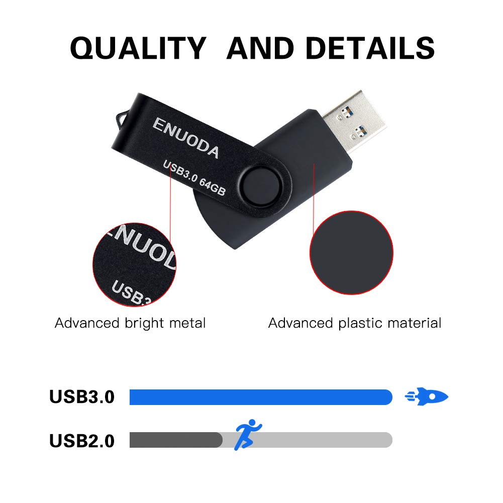 2 Pack 64GB USB 3.0 Flash Drives ENUODA Swivel Memory Stick 64 gb Thumb Drives Data Storage Jump Drive (Red Black)