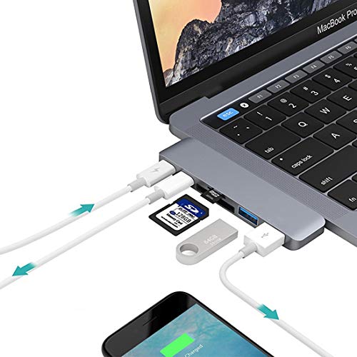 Leya-US Spare Part 6 in 1 Multi-Function Aluminium Alloy 5Gbps Transfer Rate Dual USB-C/Type-C HUB Adapter with 2 USB 3.0 Ports & 2 USB-C/Type-C Ports & SD Card Slot & TF Card Slot Compatible for