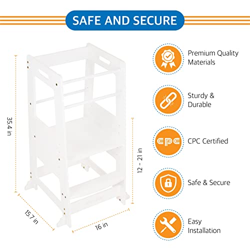 ELIMMAR Toddler Standing Tower - Wooden Learning Tower for Children - 5-Level Adjustable Height, Non-Slip Steps & Feet Pads, Silicone Mat, 2 Safety Bars - Helper Stool for Kids - White, 16x15.7x35.4