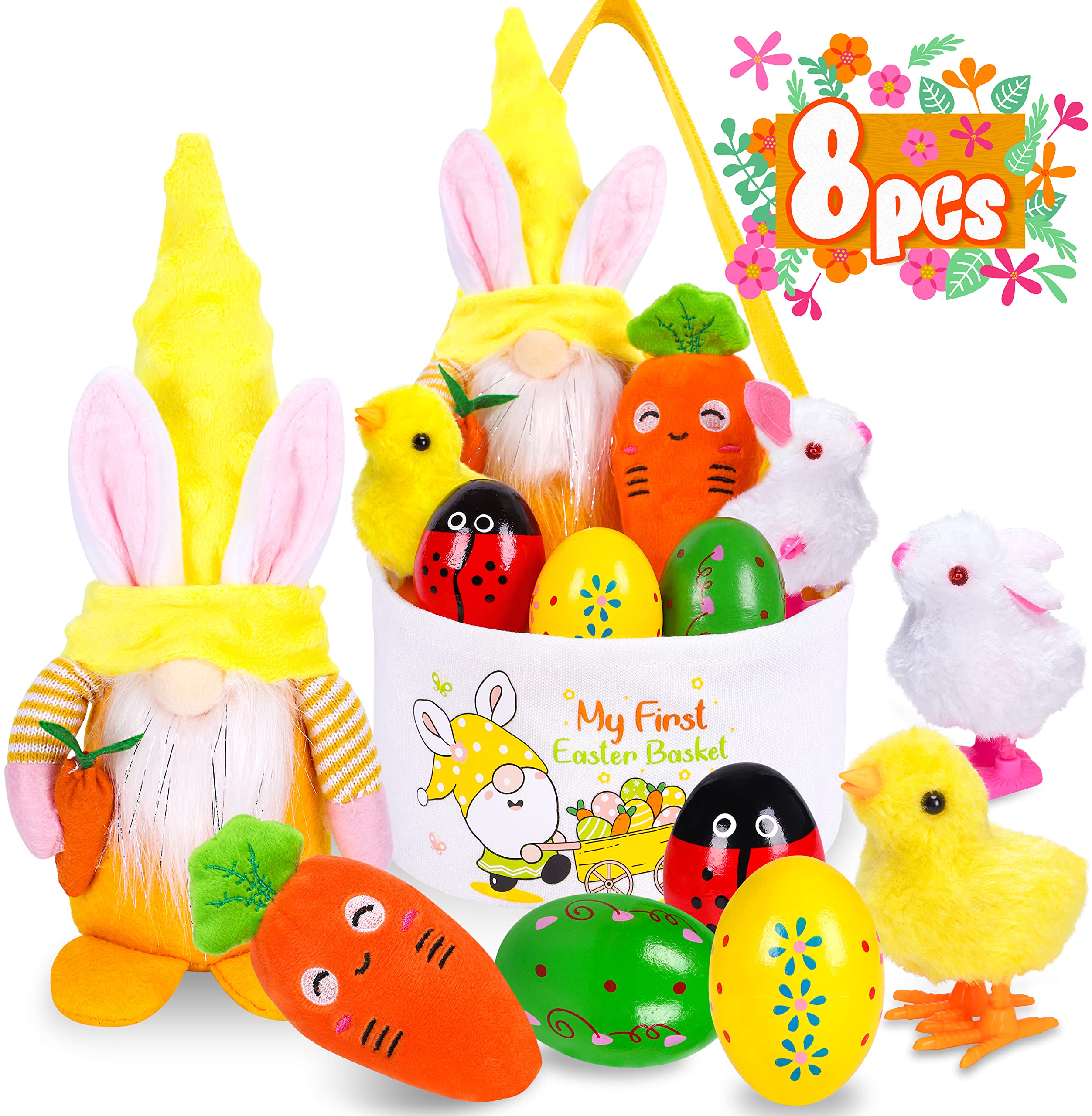 80UncleKimby 8PCS My First Easter Basket Stuffers Gifts Baby Kids - includes Eggs, Wind-Up Bunny & Chick, Stuffed Plush Carrot, Gnome for Toddlers Girls Boys Party Favors