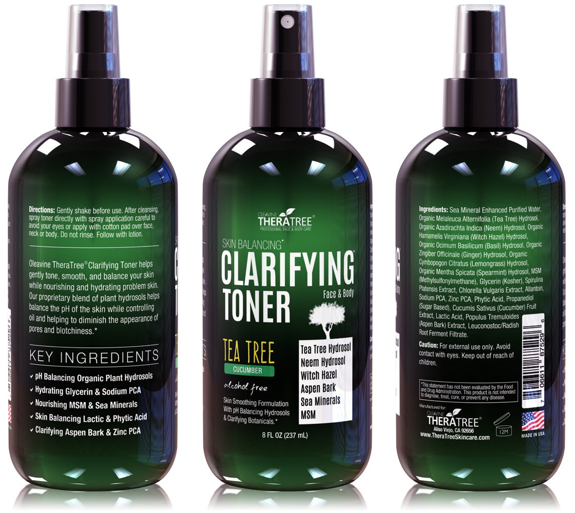 Clarifying Toner with MSM, Tea Tree & Neem Hydrosol, Complexion Control for Face & Body – Helps Reduce Appearance of Pore Size, Controls Oil to Tone, Balance & Hydrate Skin - 8 oz